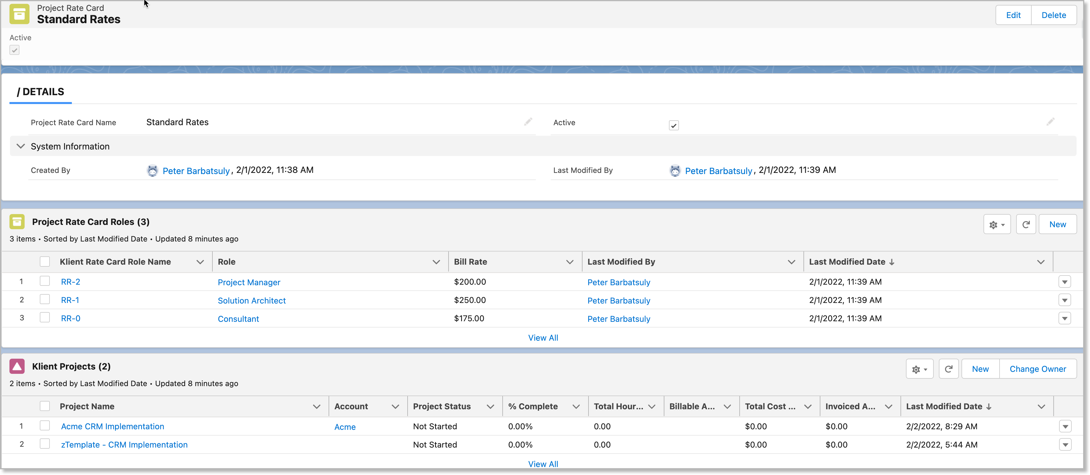 Project Rate Card - Object