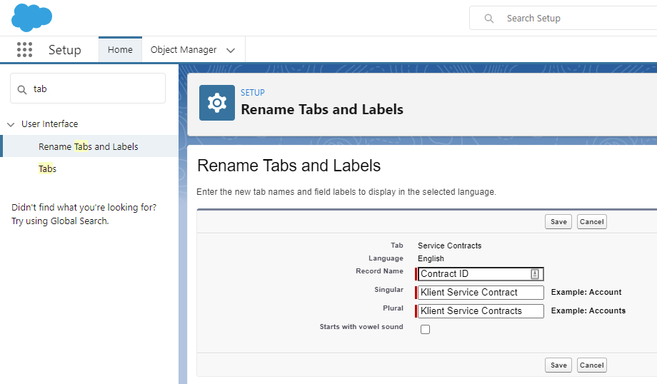 How do I rename Klient tabs?